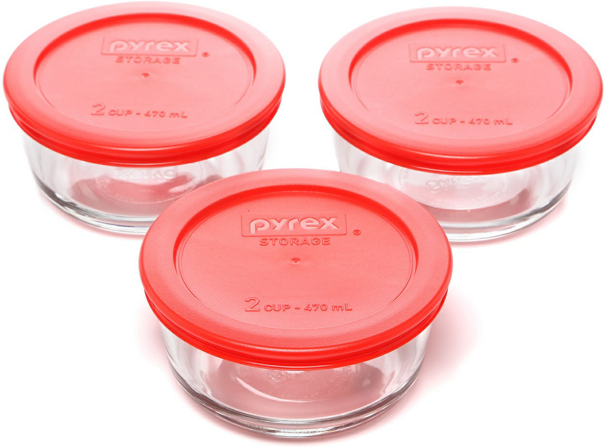 PYREX-6pc ROUND SET W-RED LIDS 3 x 2 cup - Lee Distributors