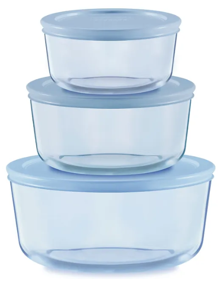 PYREX-BLUE TINTED 6pc BOWL SET 2 + 4 + 7 CUP w/COVERS - Lee Distributors